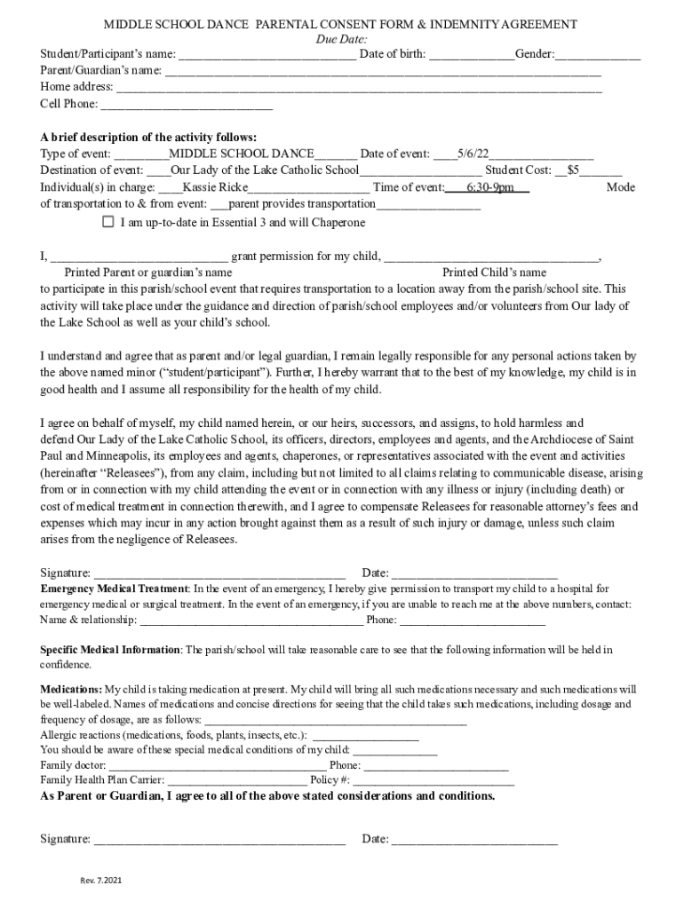 Fillable Online school stjosephwaconia Editable School Dance or Social ...