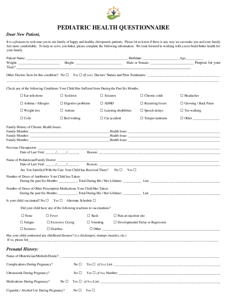 Fillable Online Pediatric intake form (Ages 0-6) Fax Email Print ...