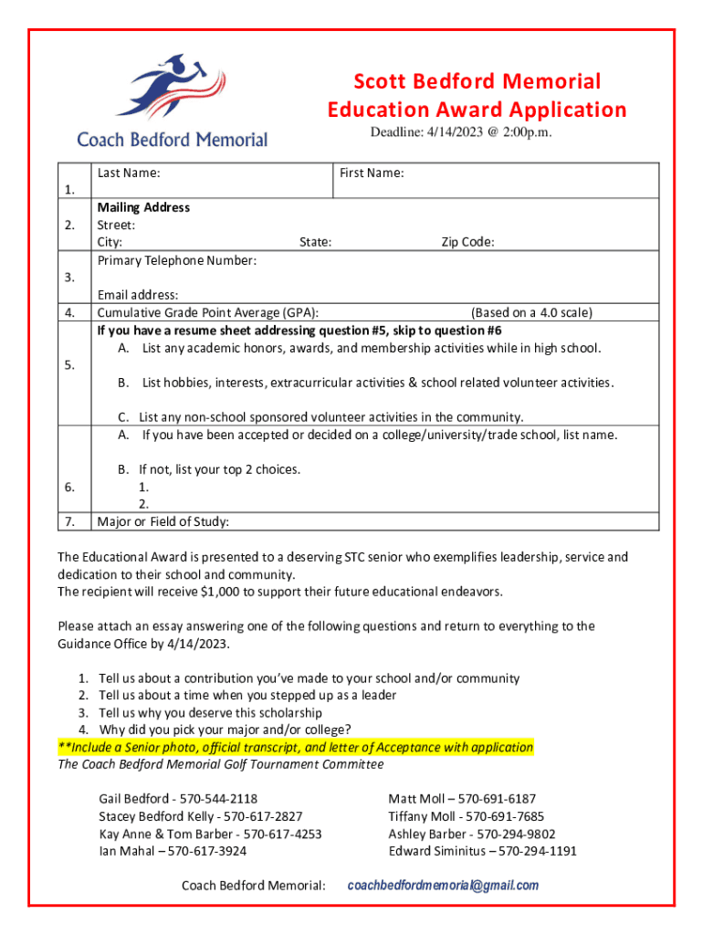 Fillable Online Scott Bedford Memorial Education Award Application Fax ...