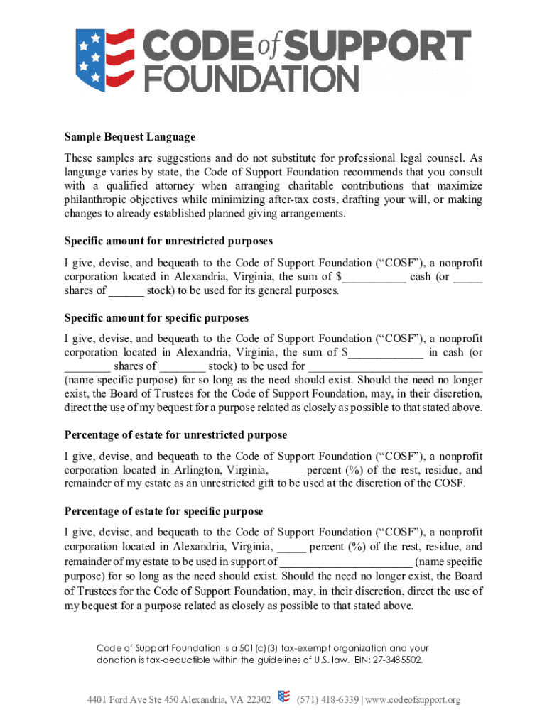 Fillable Online SAMPLE BEQUEST LANGUAGENorthwestern Gift Planning Fax ...