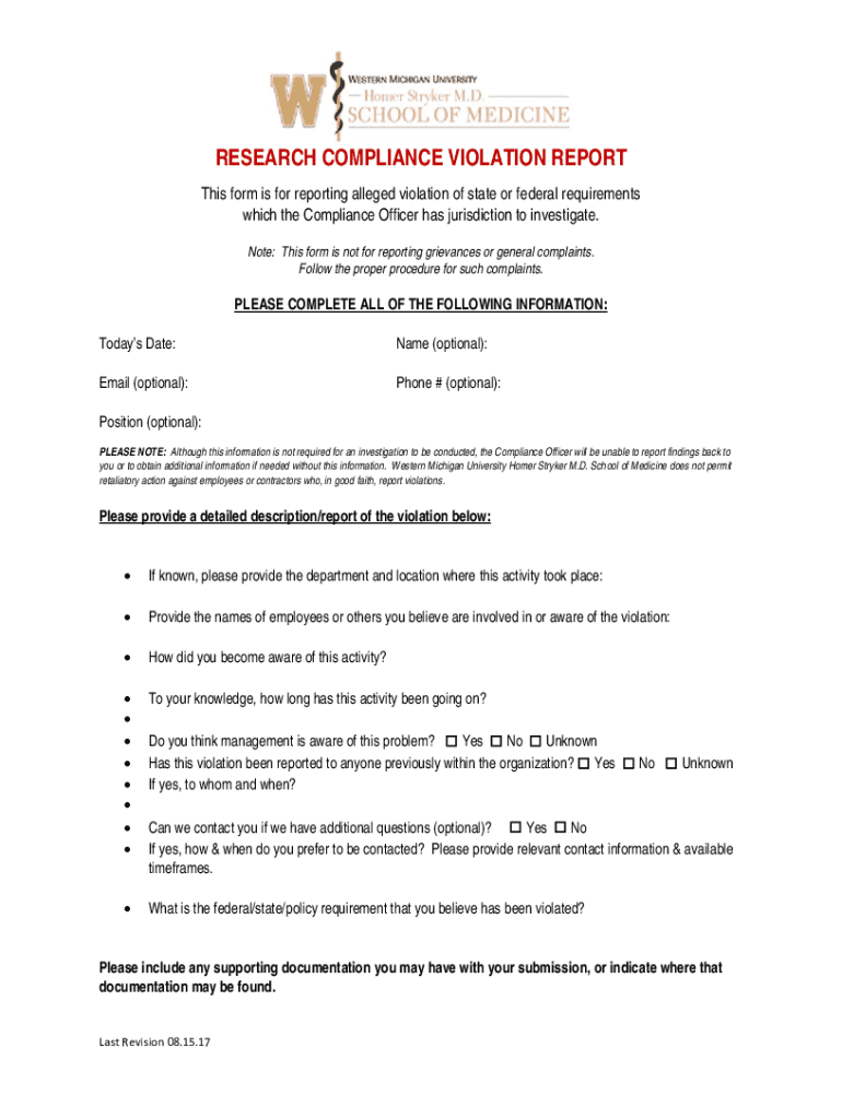 Fillable Online Combined Research Compliance Hotline InformationReport Form Final 8.15.2017 ...