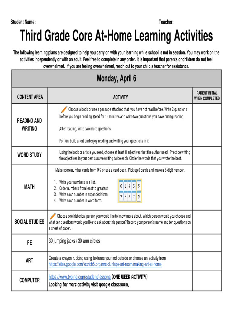 Fillable Online Third Grade Escolares At-Home Learning Activities Fax Email Print - pdfFiller