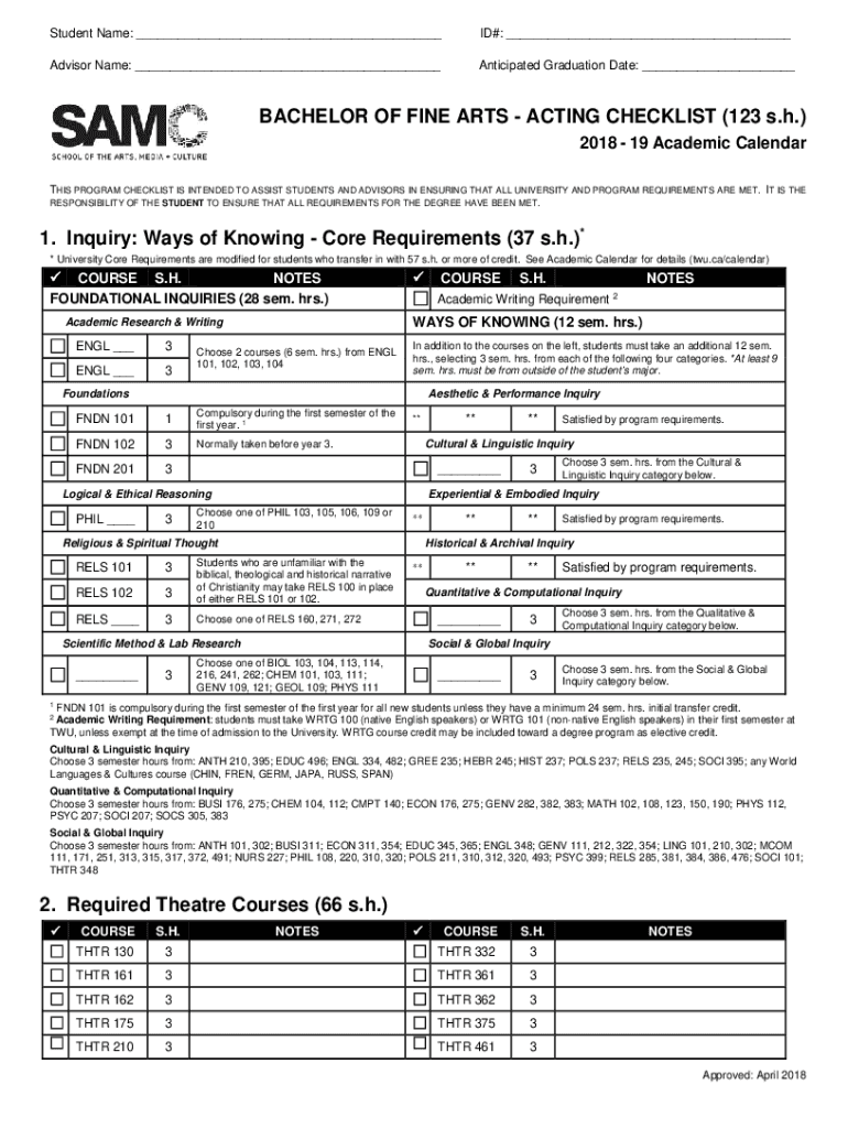 Fillable Online ACTING CHECKLIST (123 s.h.) 1. Inquiry: Ways of Knowing ...