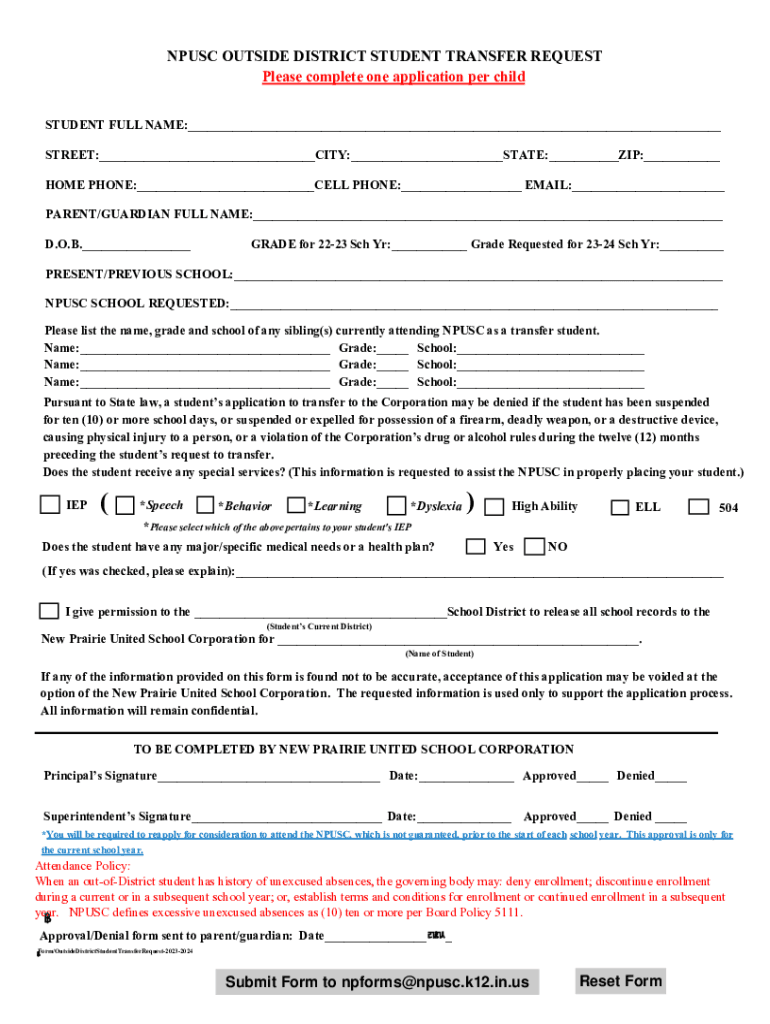 Fillable Online npusc outside district student transfer request Fax Email Print - pdfFiller