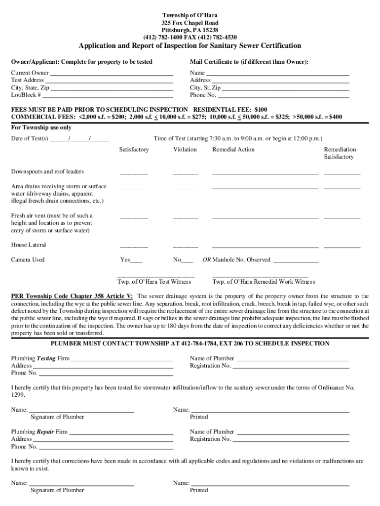 Fillable Online Application and Report of Inspection for Sanitary Sewer ...