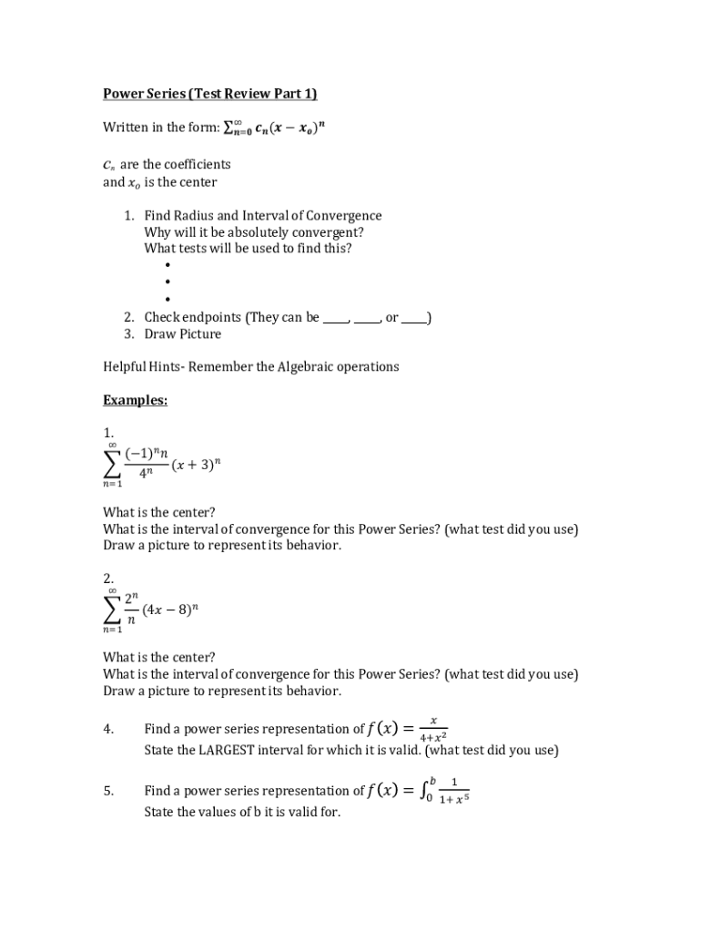Fillable Online Power Series (Test Review Part 1) Written in the form ...