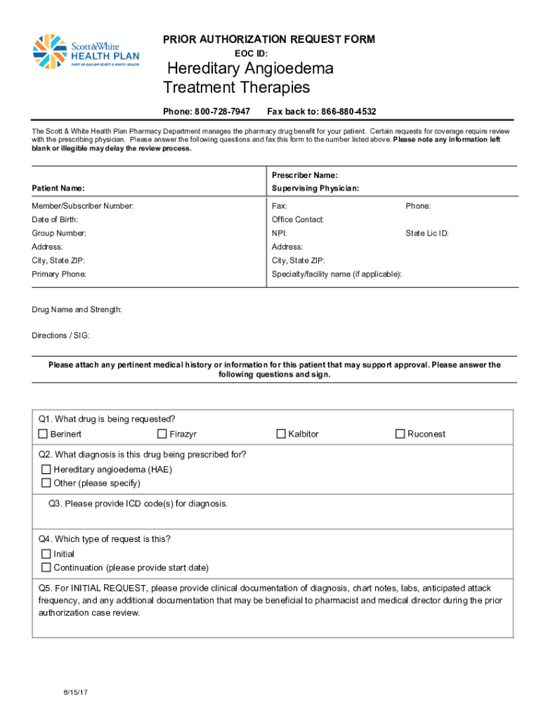 Fillable Online Drug Prior Authorization Hereditary Angioedema (HAE ...