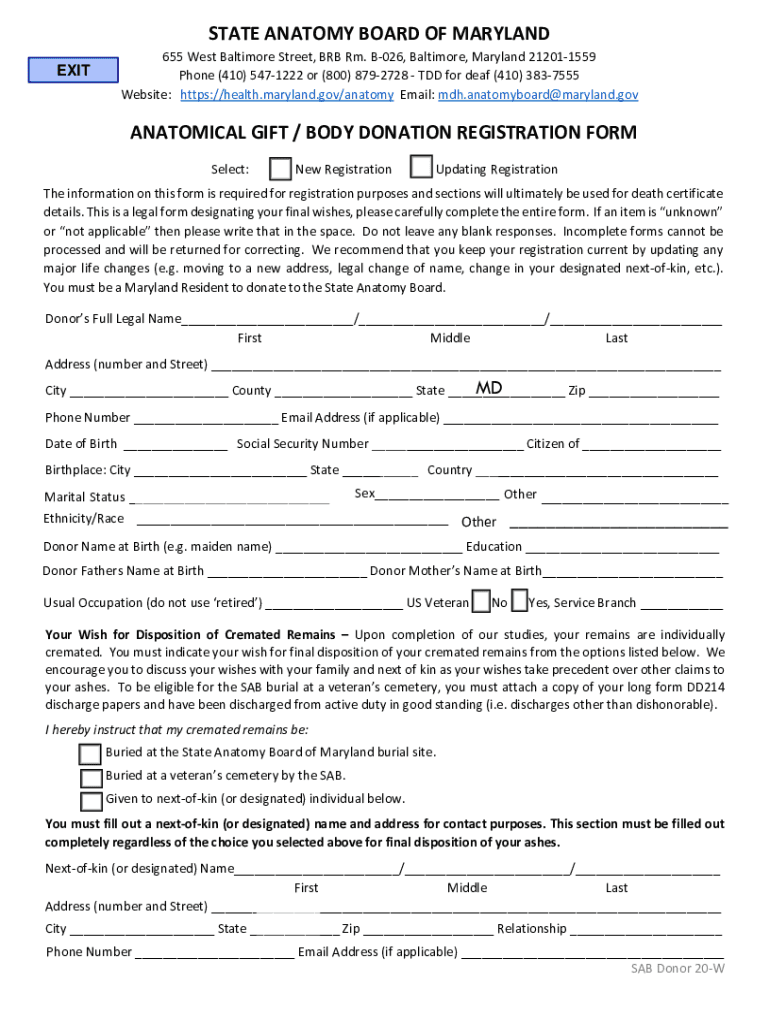 Fillable Online Maryland anatomy board body donation: Fill out & sign ...
