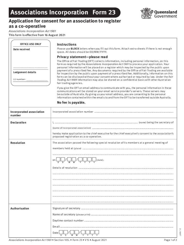 Fillable Online Associations Incorporation Form 23 - Application for ...