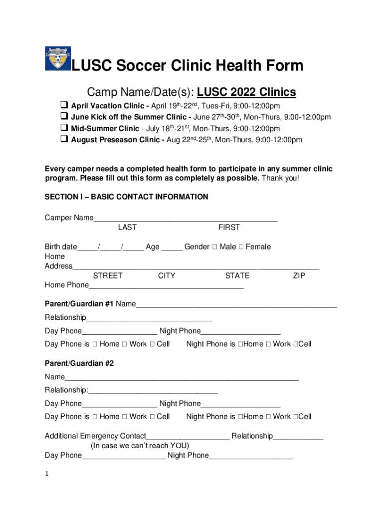 Fillable Online LUSC Soccer Clinic Health Form Fax Email Print - pdfFiller