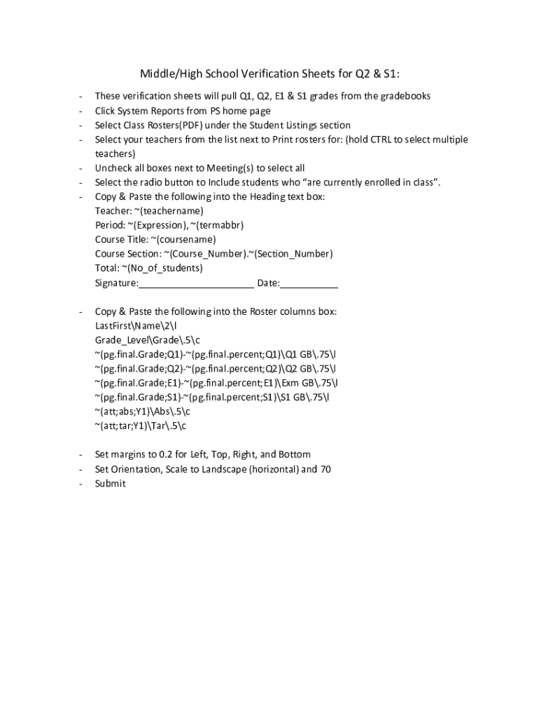Fillable Online Middle/High School Verification Sheets for Q2 & S1: Fax ...