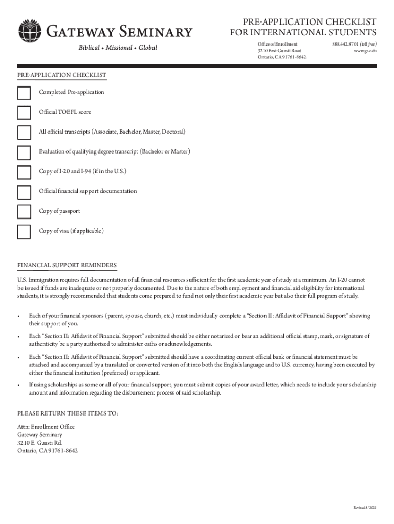 Fillable Online PRE-APPLICATION CHECKLIST FOR INTERNATIONAL ... Fax Email Print - pdfFiller