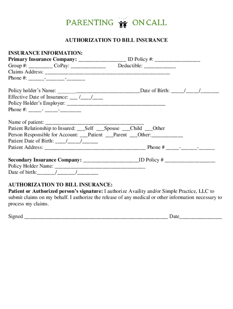 Fillable Online AUTHORIZATION TO BILL INSURANCE - Nothmann Jin Fax ...