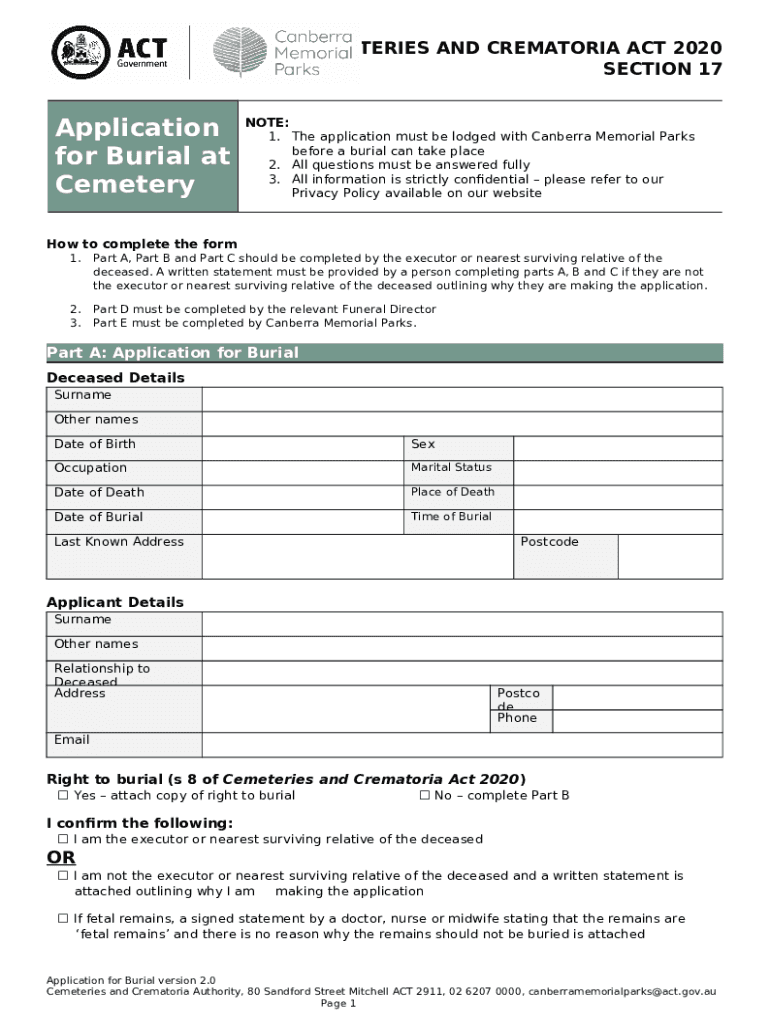 Application s - Canberra Memorial Parks - ACT Government Doc Template | pdfFiller