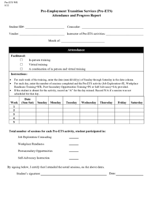 Fillable Online Pre-Employment Transition Services (Pre-ETS) Attendance ...