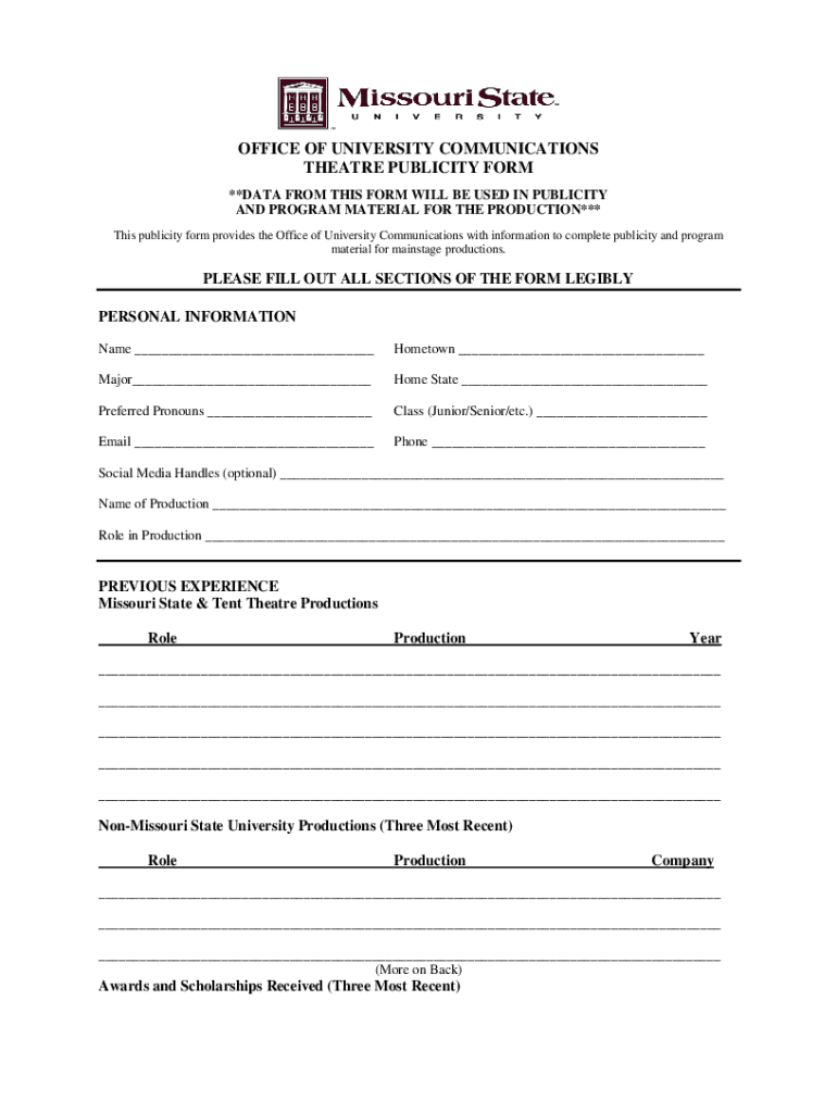Fillable Online office of university communications theatre publicity ...