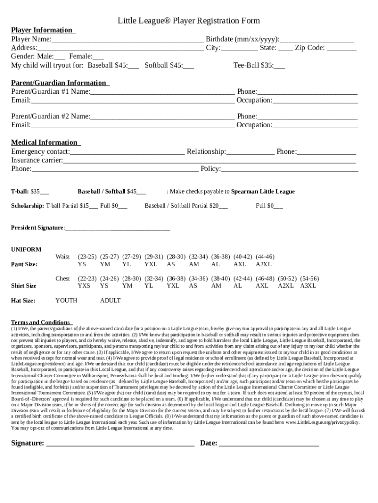 Baseball Registration Template Pdf Doc Template | pdfFiller