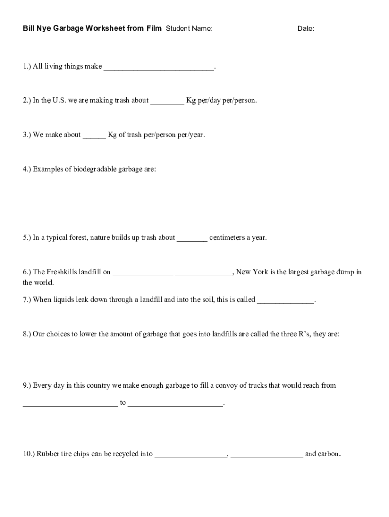 Fillable Online Bill Nye Garbage Worksheet from FilmStudent Name Fax ...