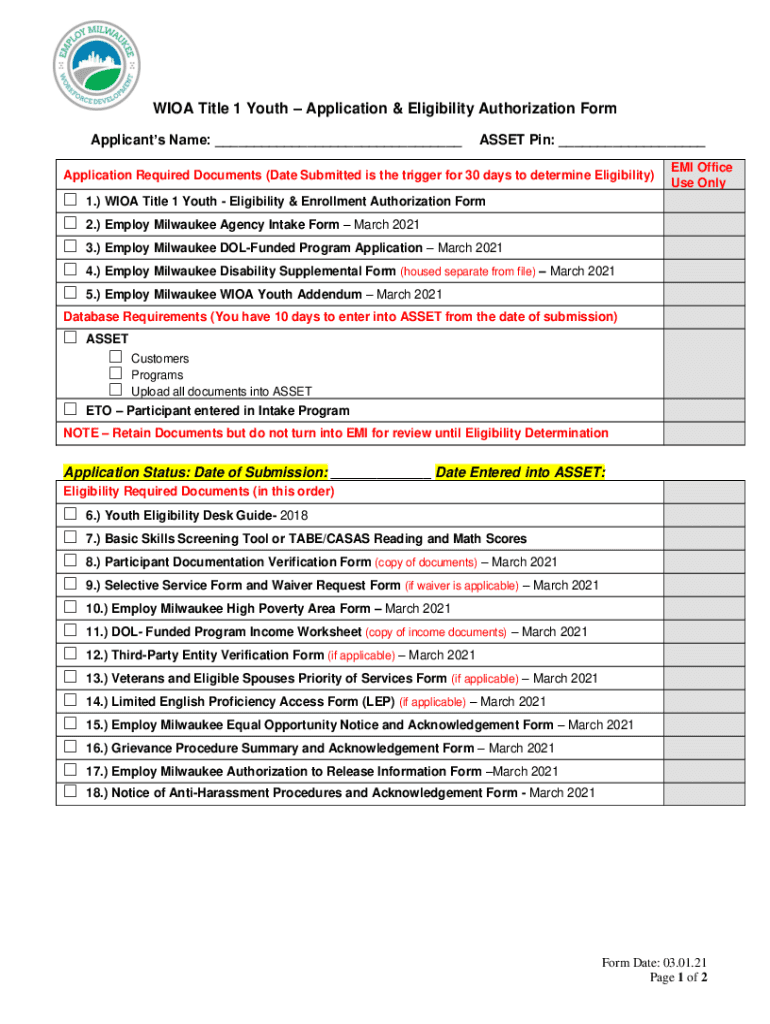 Fillable Online Workforce Innovation and Opportunity Act Title I: Youth Fax Email Print - pdfFiller