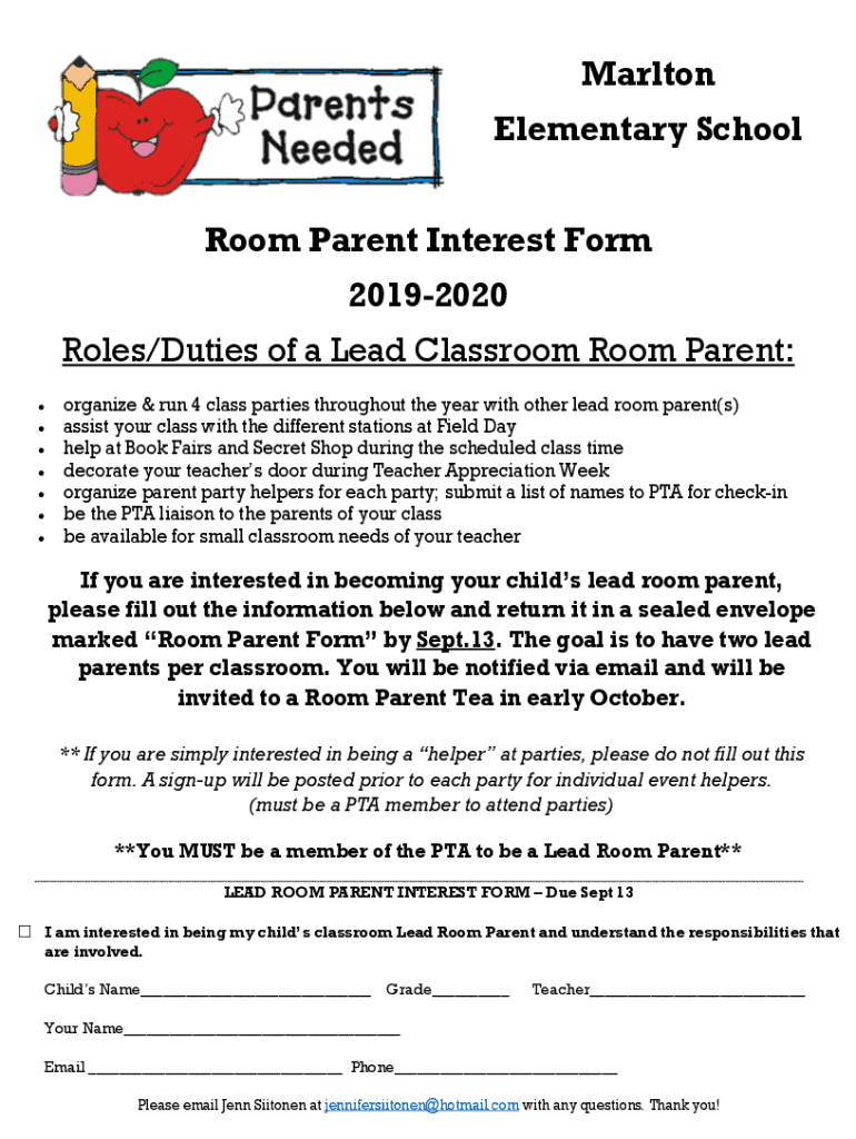 Fillable Online Marlton Elementary School Room Parent Interest Form ...