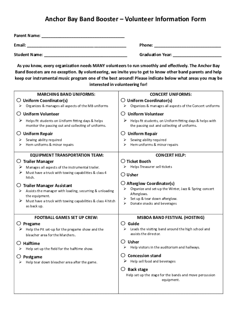 Fillable Online Anchor Bay Band BoosterVolunteer Information Form Fax ...