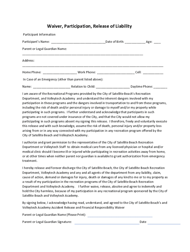 Fillable Online Waiver, Participation, Release of Liability Fax Email ...