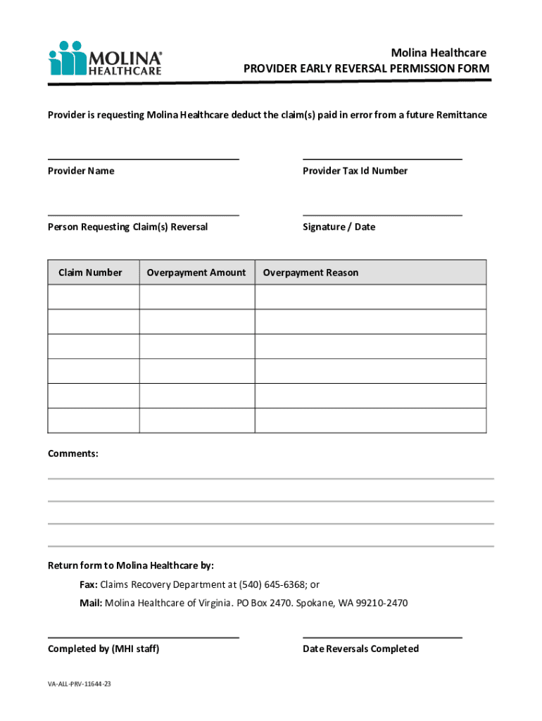 Fillable Online Provider Early Reversal Permission Form Fax Email Print ...