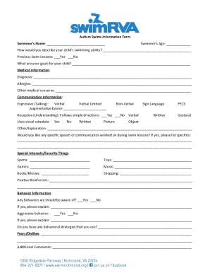 Fillable Online Autism Swims Information Form Swimmer's Name Fax Email ...