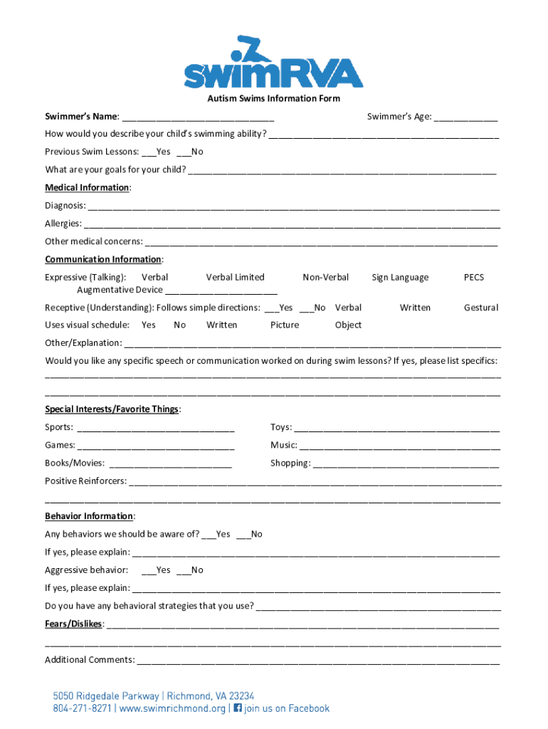 Fillable Online Autism Swims Information Form Swimmer's Name Fax Email ...