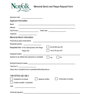 Fillable Online Memorial Bench and Plaque Request Form Fax Email Print ...