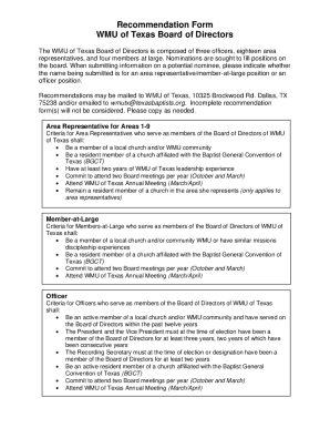 Fillable Online Recommendation Form WMU of Texas Board of Directors Fax ...