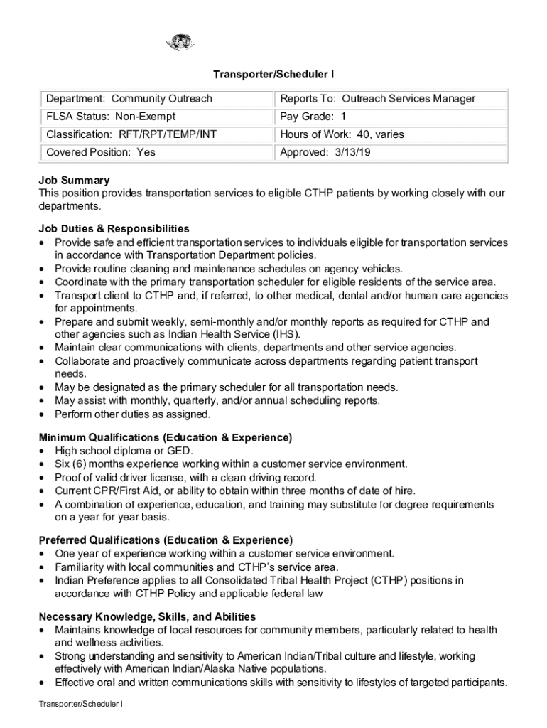 Fillable Online Transporter/Scheduler - Job Description. Transporter ...