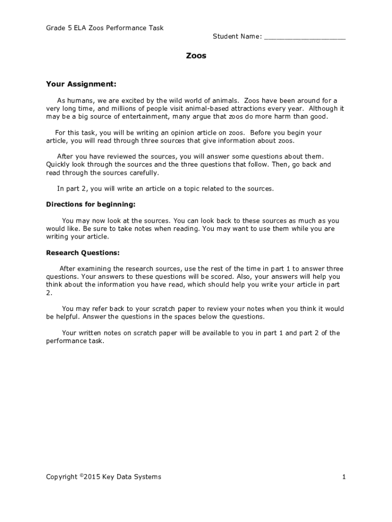 Fillable Online Grade 5 ELA Zoos Performance Task Student Name Fax Fillable Online Grade 5 ELA Zoos Performance Task Student Name Fax