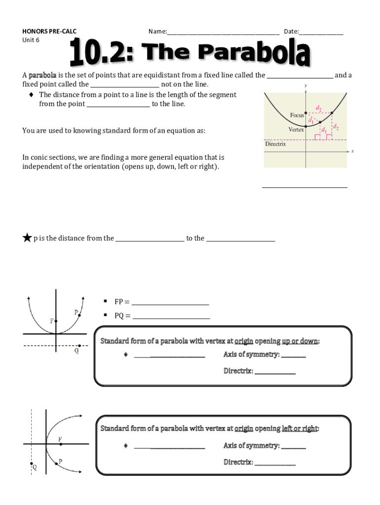 Fillable Online A parabola is the set of all points in the plane that ...