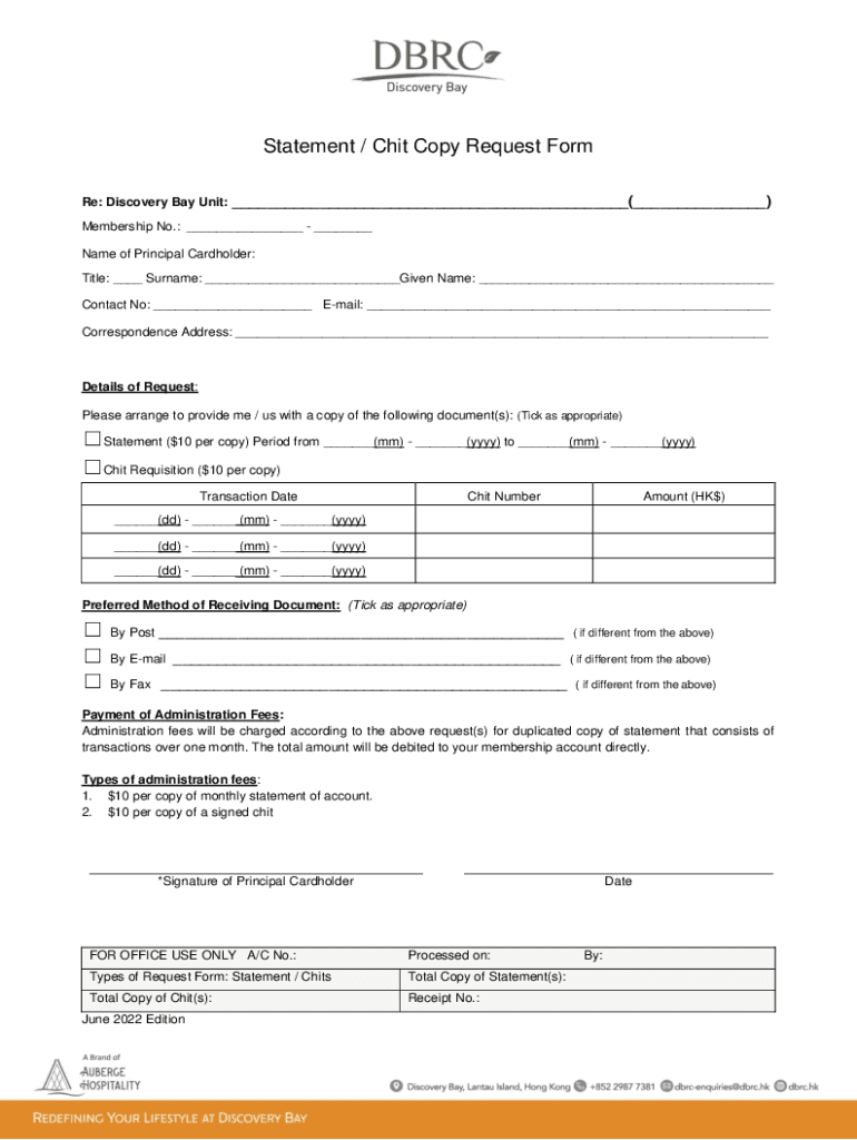 Fillable Online Statement / Chit Copy Request Form Fax Email Print ...