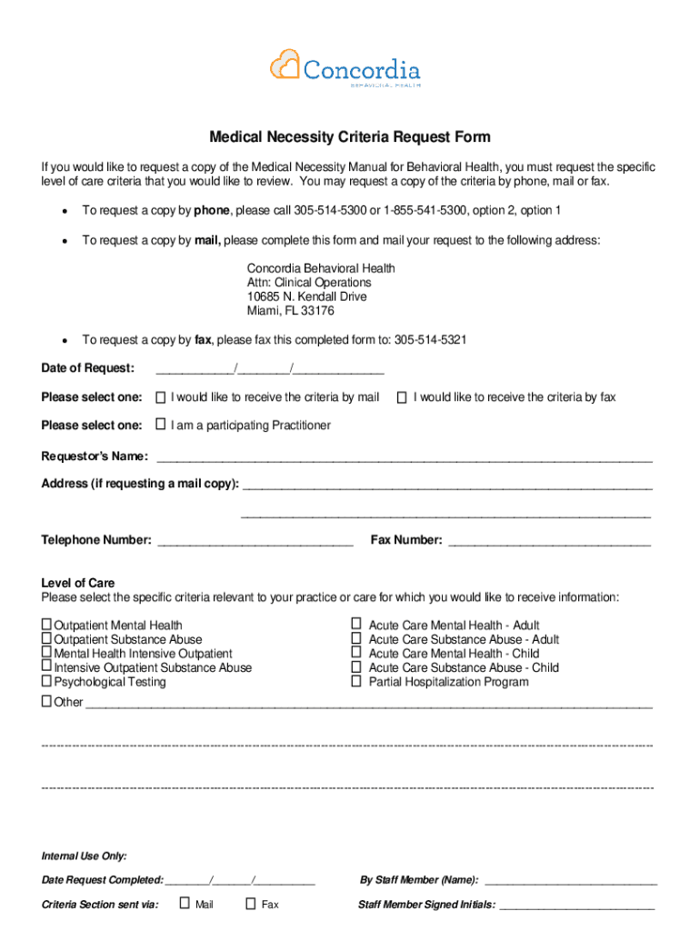 Fillable Online Medical Necessity Criteria Request Form Fax Email Print - pdfFiller