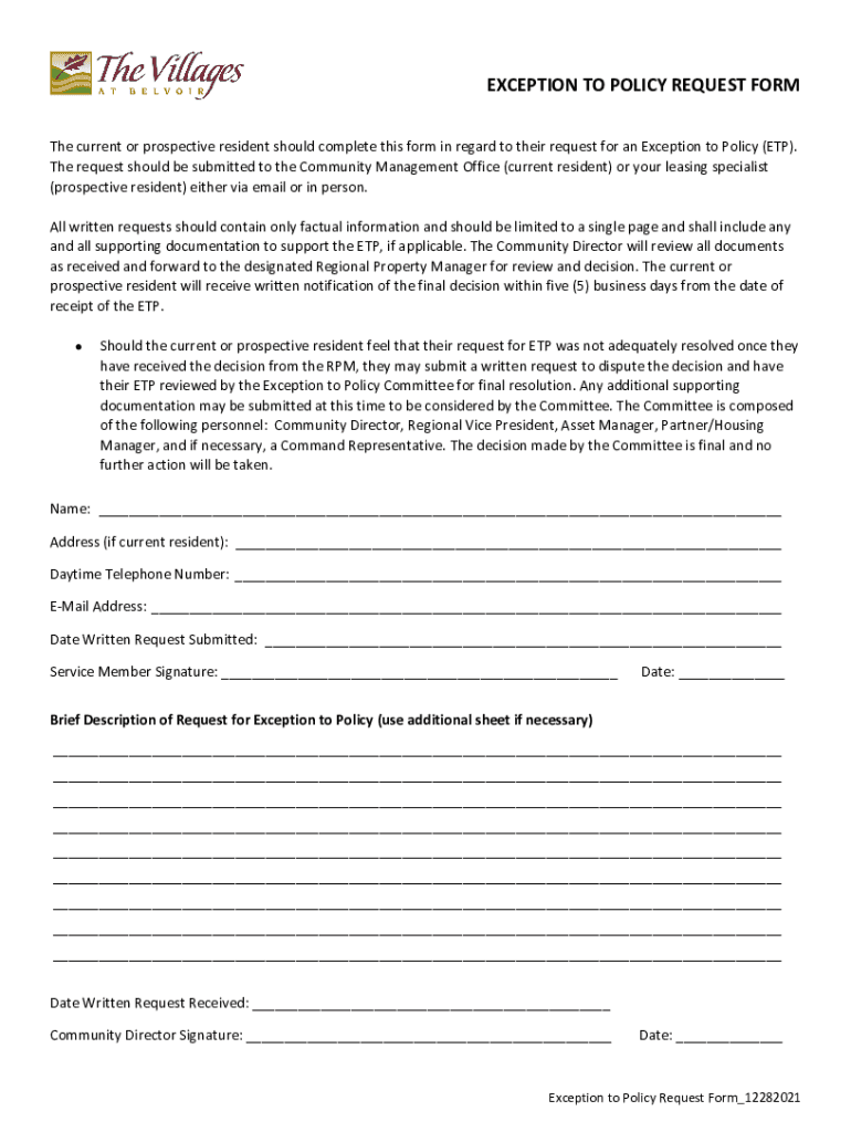 Fillable Online EXCEPTION TO POLICY REQUEST FORM Fax Email Print ...