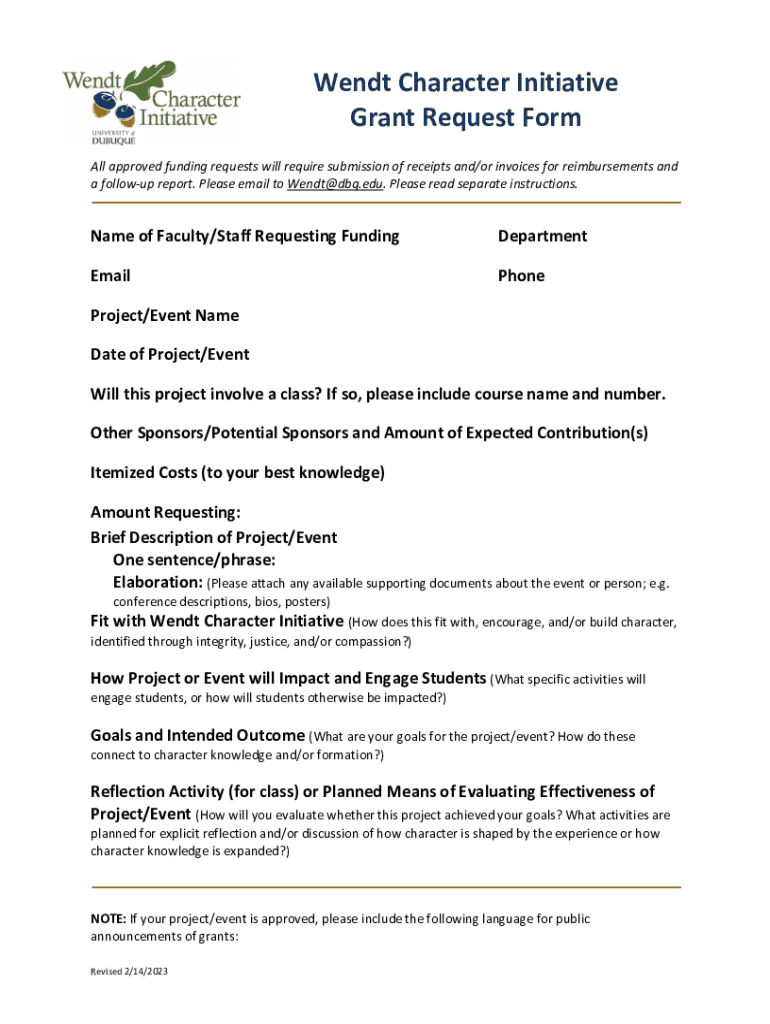 Fillable Online Wendt Character Initiative Grant Request Form Fax Email ...