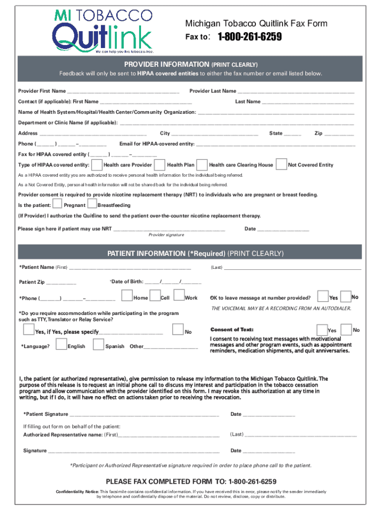 Fillable Online michigan quitlogix PA FREE Quitline PATIENT FAX ...