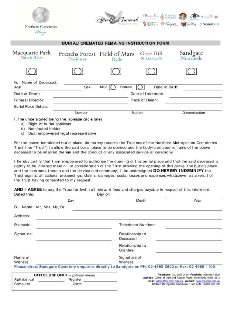 Fillable Online Authorization for Cremation and Disposition at Florida ...