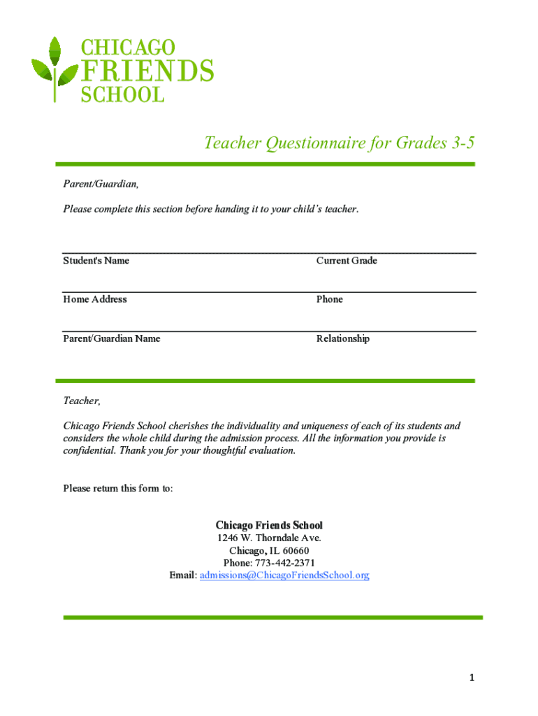 Fillable Online Grades 3-5 Teacher Questionnaire Form Fax Email Print ...