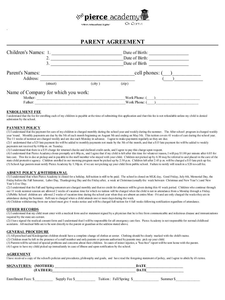 Fillable Online PARENT AGREEMENT Fax Email Print - pdfFiller