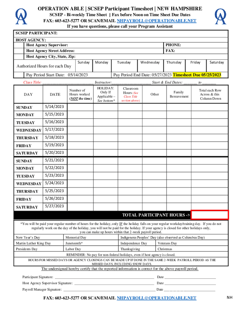 Fillable Online Operation ABLE SCSEP Participant Time Sheet Fax Email ...