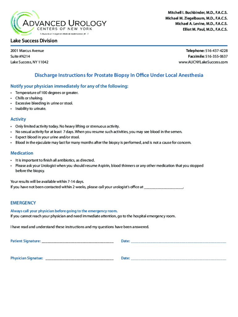 Fillable Online Discharge Instructions for Prostate Biopsy In Office ...