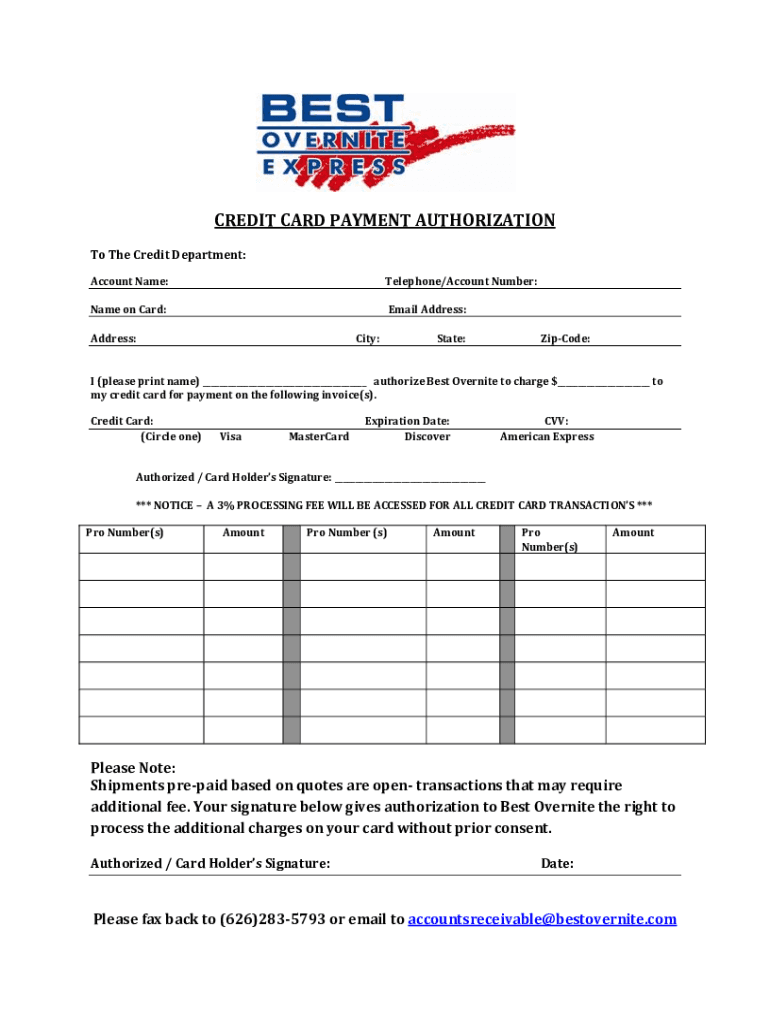 Fillable Online Credit Card Authorization Codes For Payment Processing ...