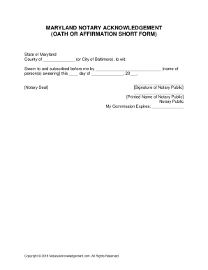 Fillable Online Maryland Oath Affirmation Short Form Notary ...