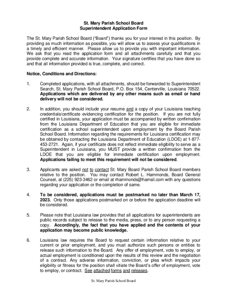 Fillable Online St. Mary Parish School Board Superintendent Application ...