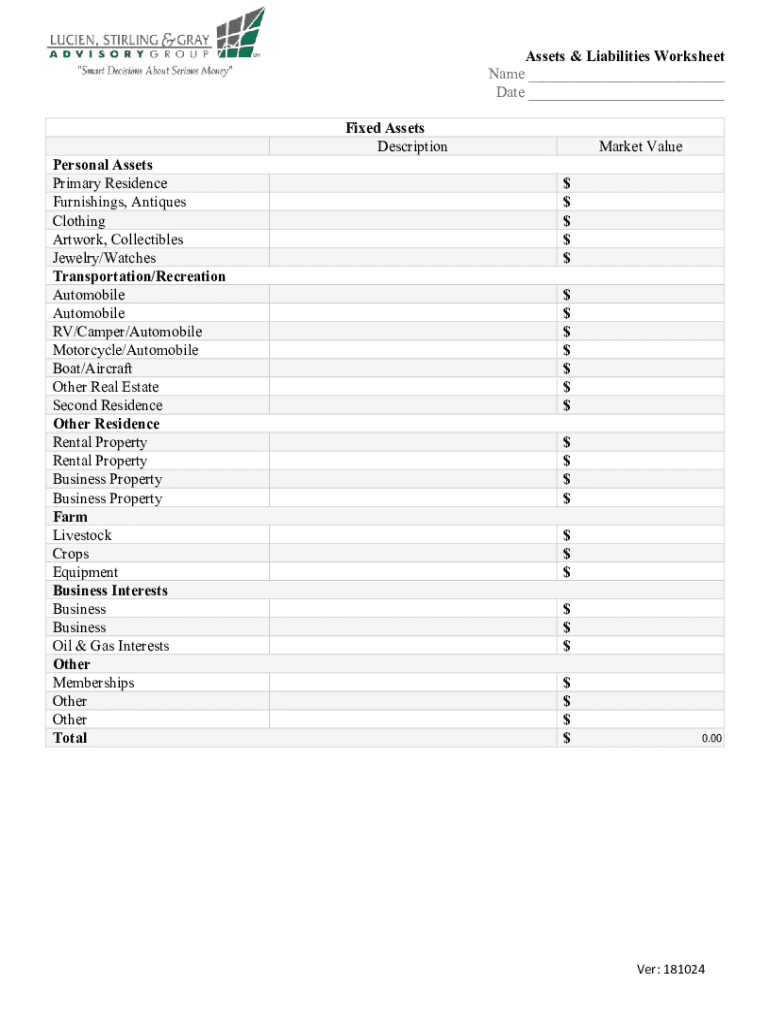 Fillable Online Assets & Liabilities Worksheet Fax Email Print - pdfFiller