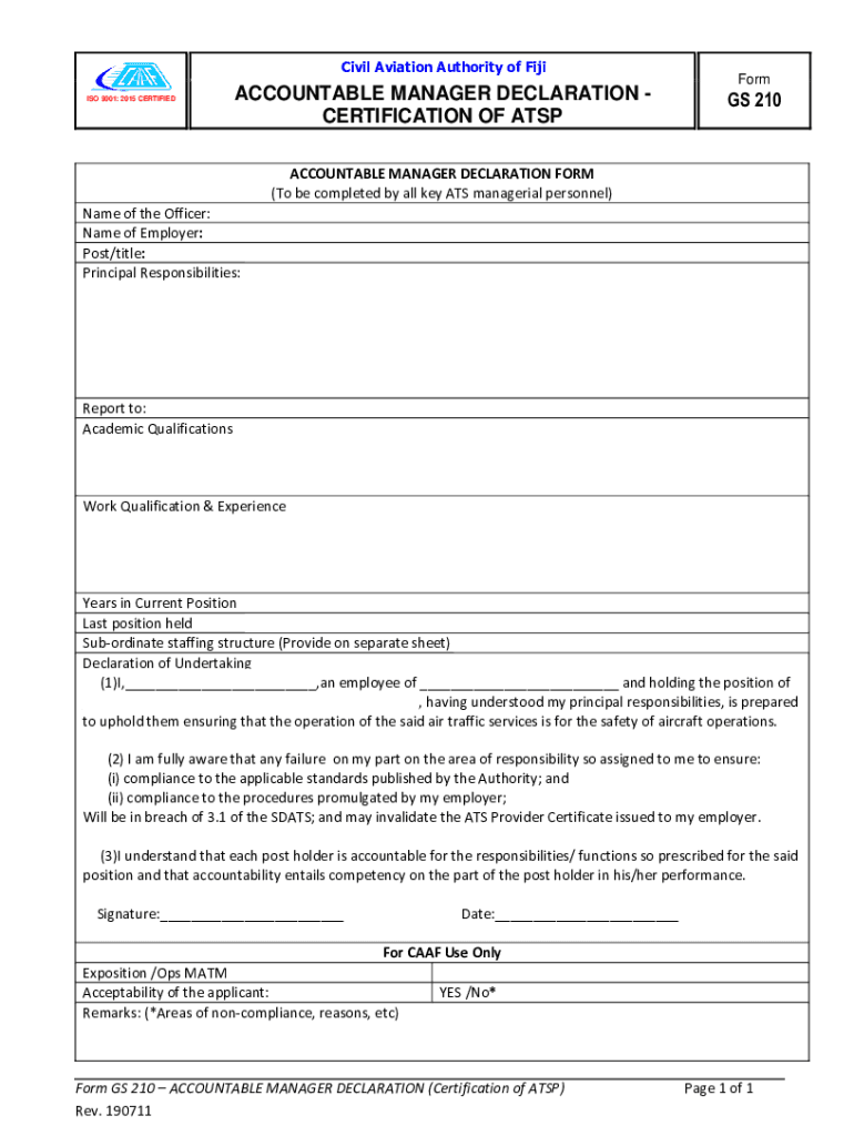 Fillable Online caaf org Accountable Manager Declaration - Certification of ATSP Fax Email Print ...