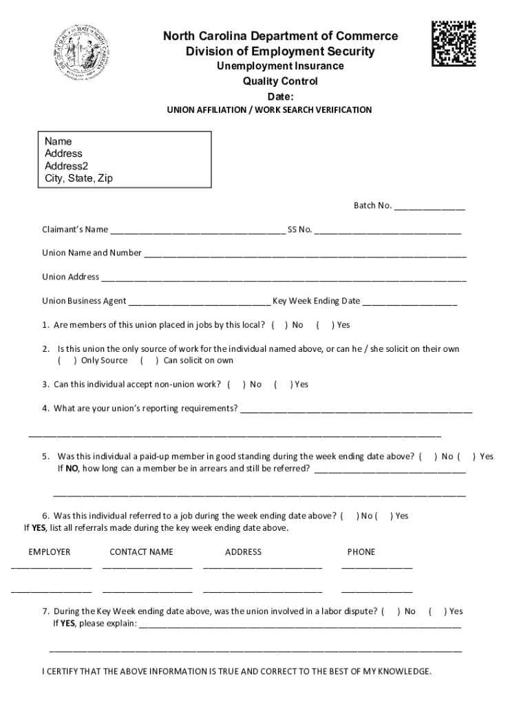 Fillable Online Union Affiliation - Work Search Verification - English ...